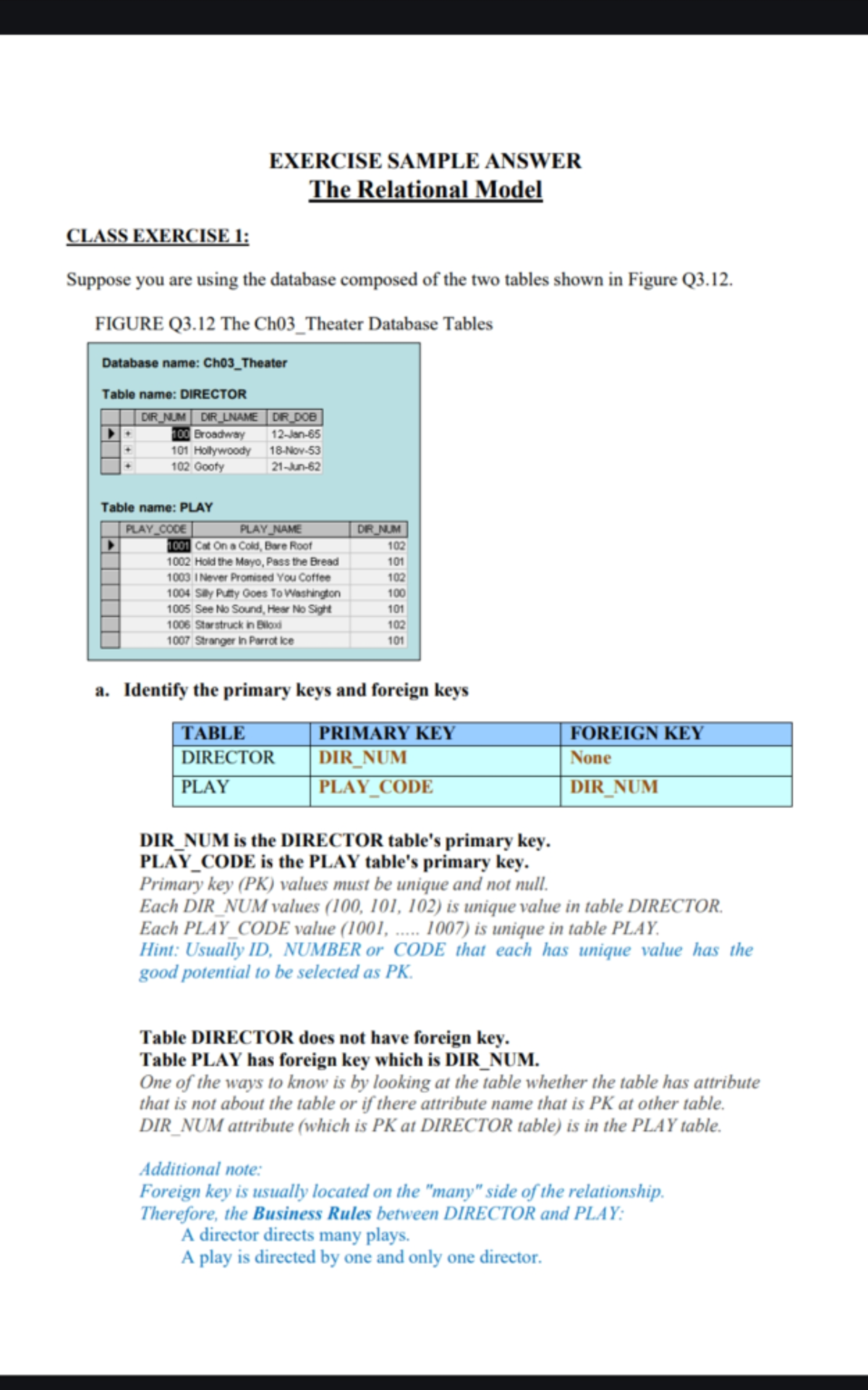 Exercise Sample Answer The Relational Model - EXERCISE SAMPLEANSWER The Relational Model CLASS ...