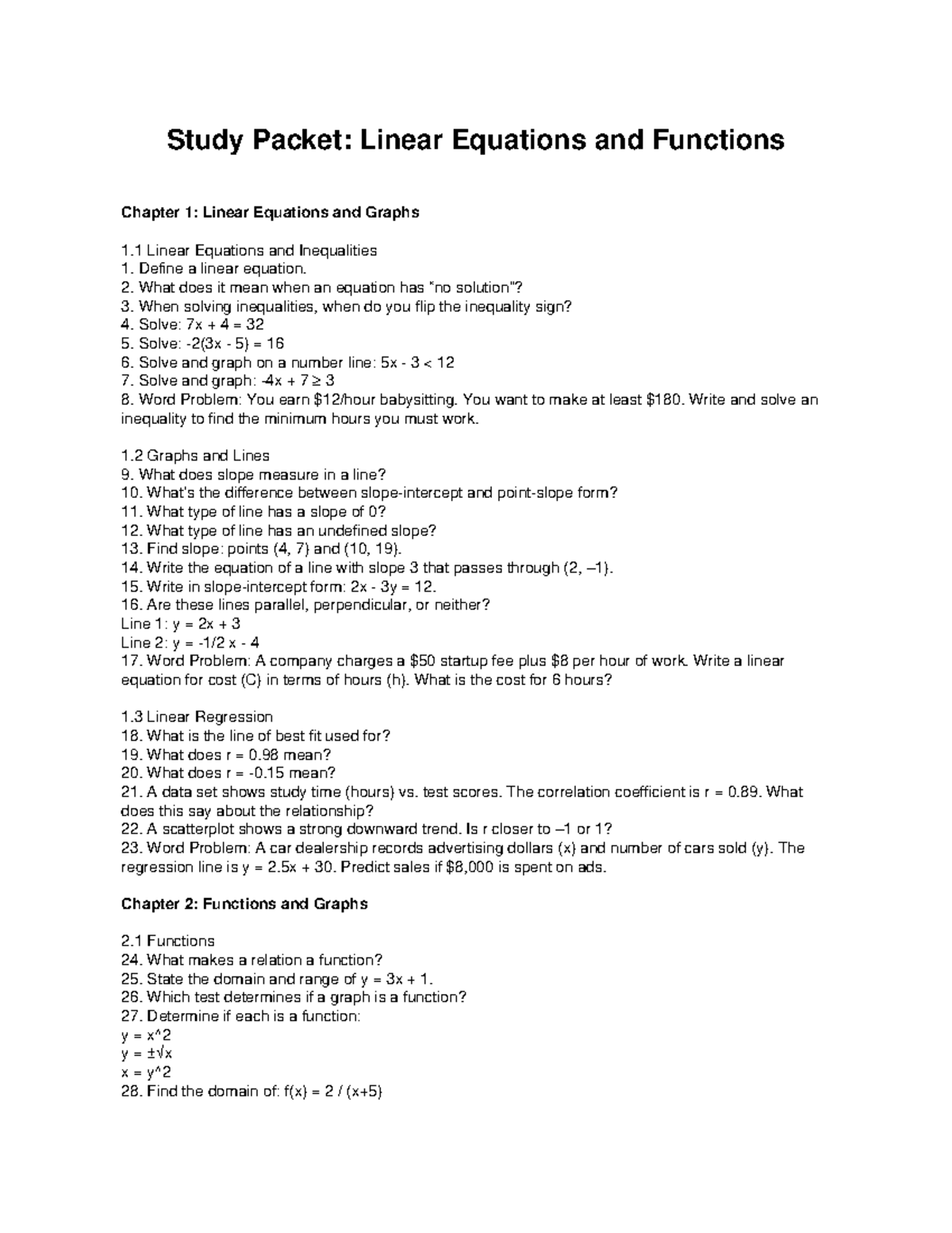 Study Packet: Linear Equations & Functions (Math 101) - Chapter 1 ...