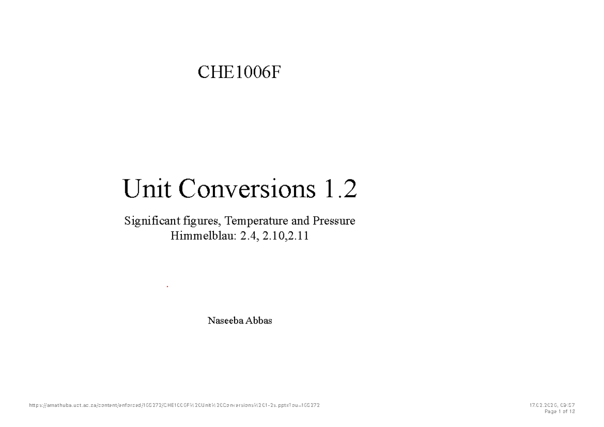 CHE1006F Unit Conversions: Significant Figures, Temp & Pressure - Studocu