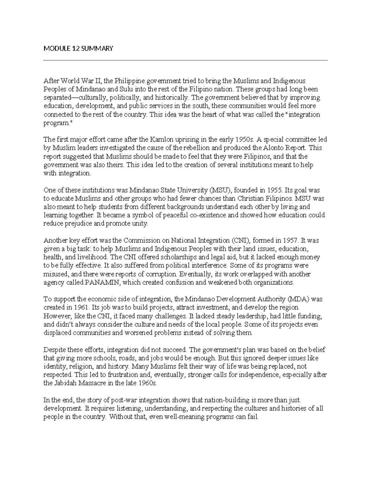 MODULE 12-15: Integration Efforts and Peacebuilding in Mindanao - Studocu