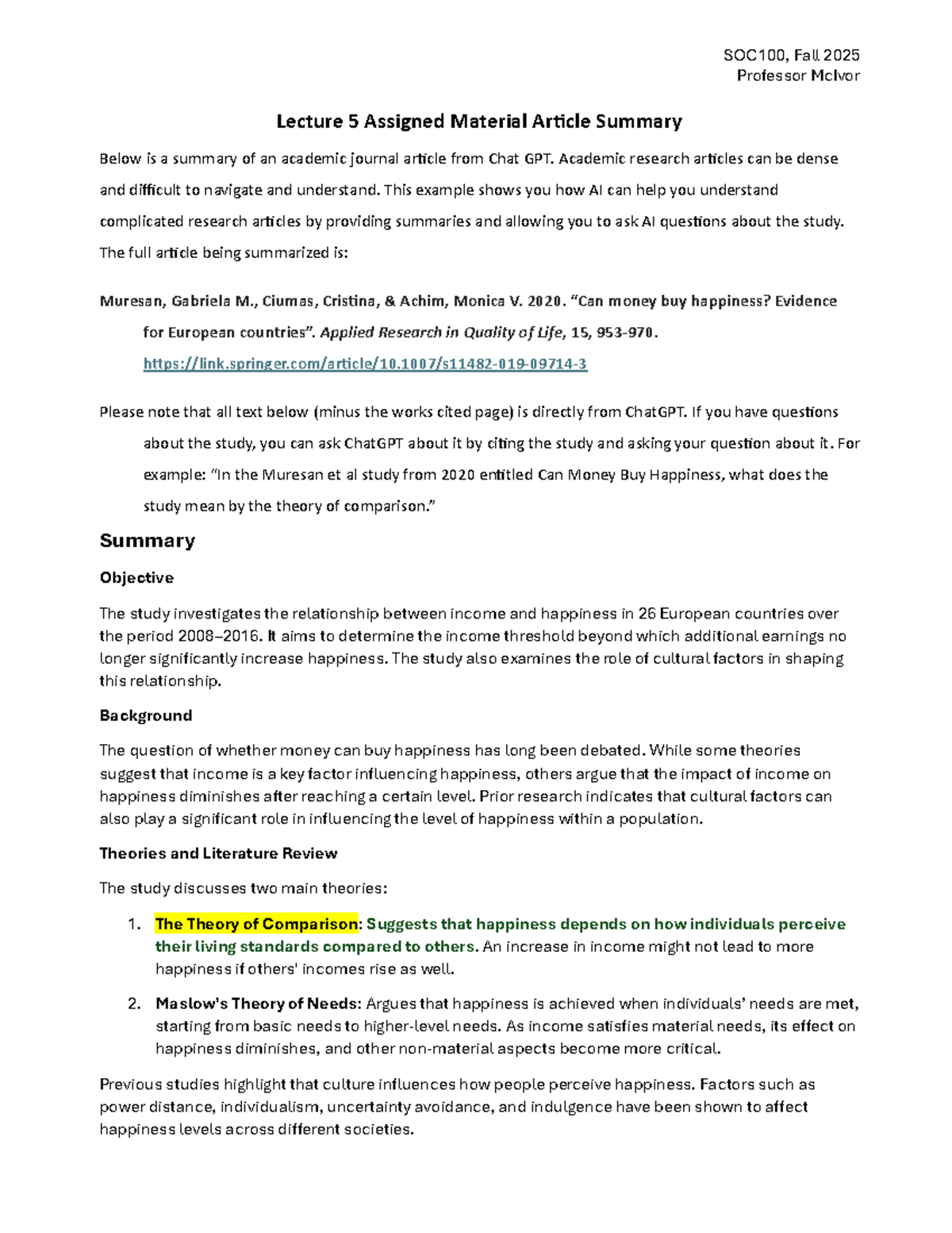 SOC100, Fall 2025: Summary of Muresan et al.'s Study on Happiness - Studocu