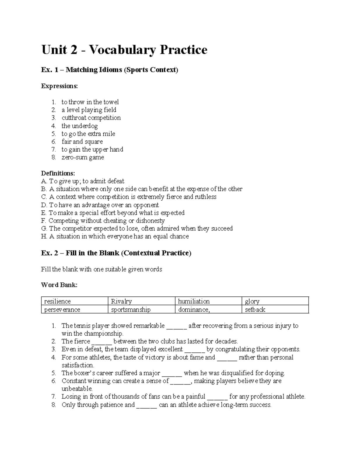 Unit 2 Vocabulary Practice: Idioms & Contextual Exercises - Studocu