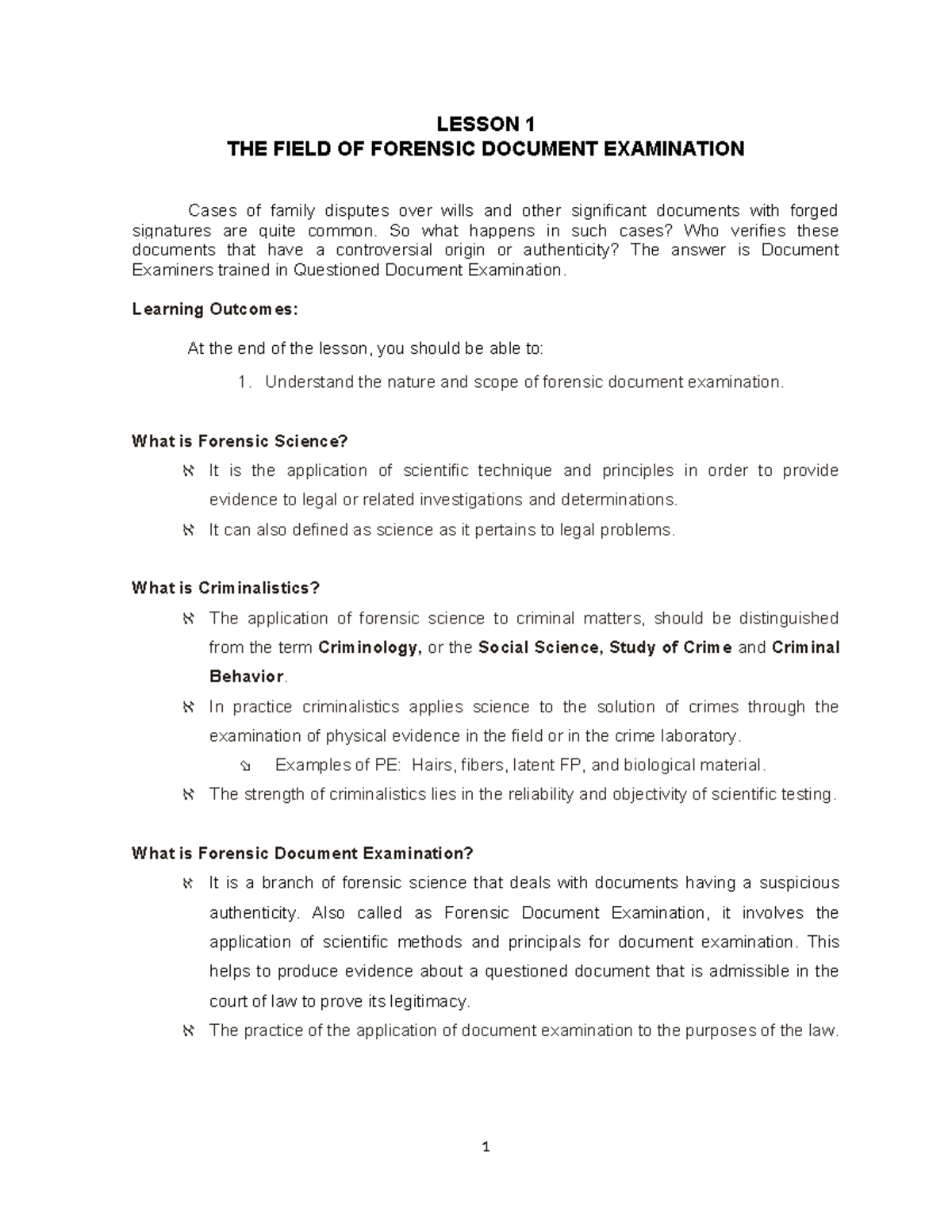 Lesson 1- THE Field OF Forensic Document Examination - LESSON 1 THE ...