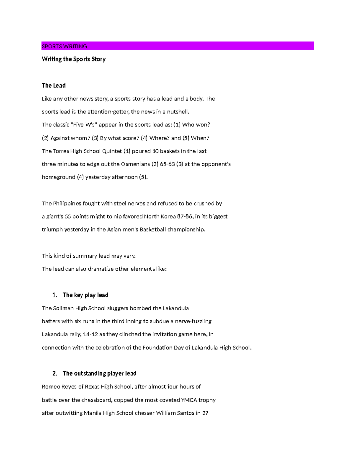 Sports Writing Notes - REVIEWER - SPORTS WRITING Writing the Sports ...
