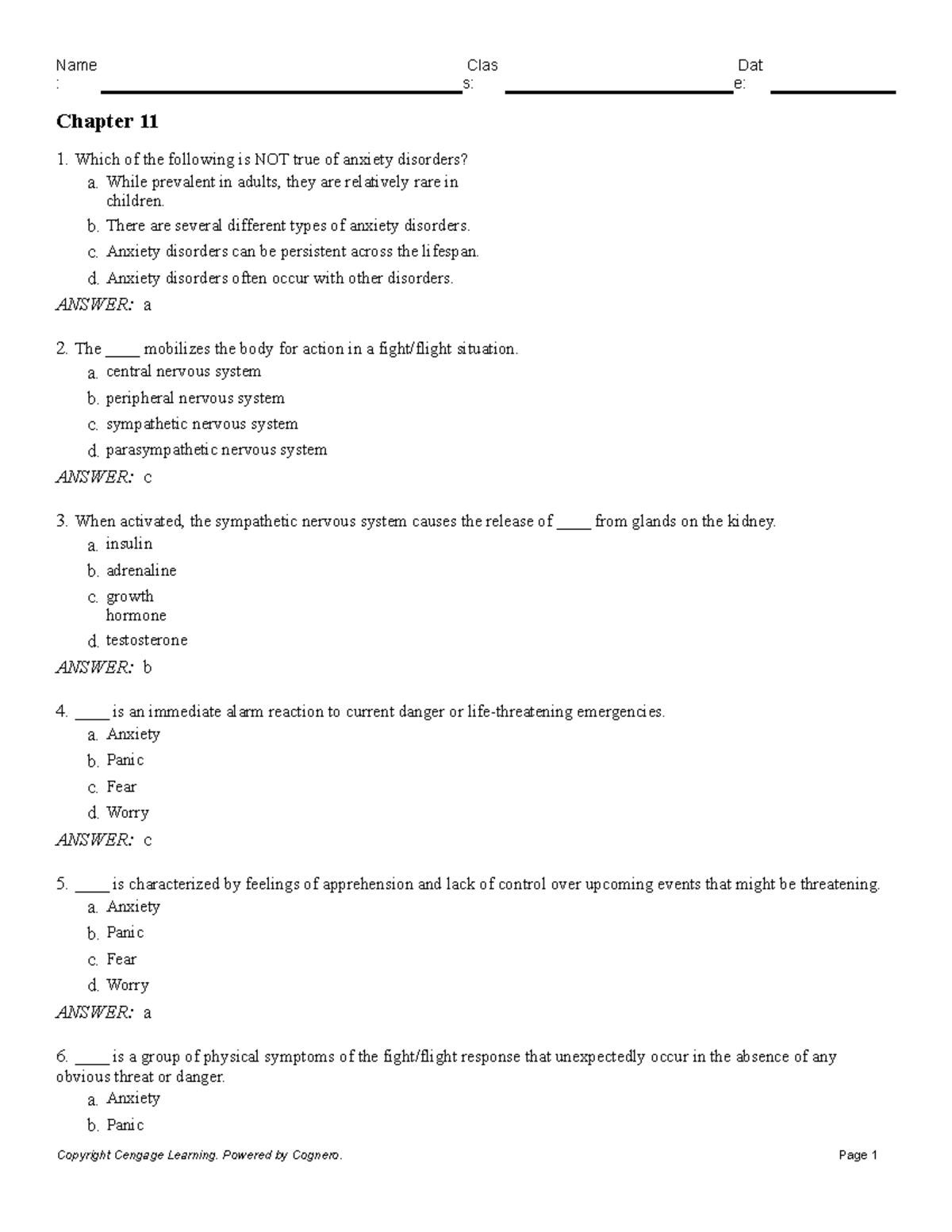 Chapter 11 - Sample Questions on Anxiety Disorders - Studocu