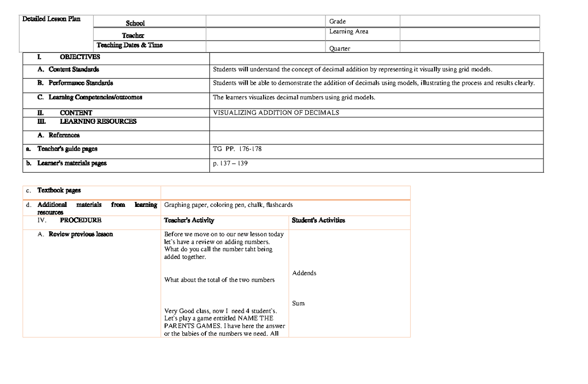 DLP- Format - Visualizing Decimal Addition Activities - Studocu