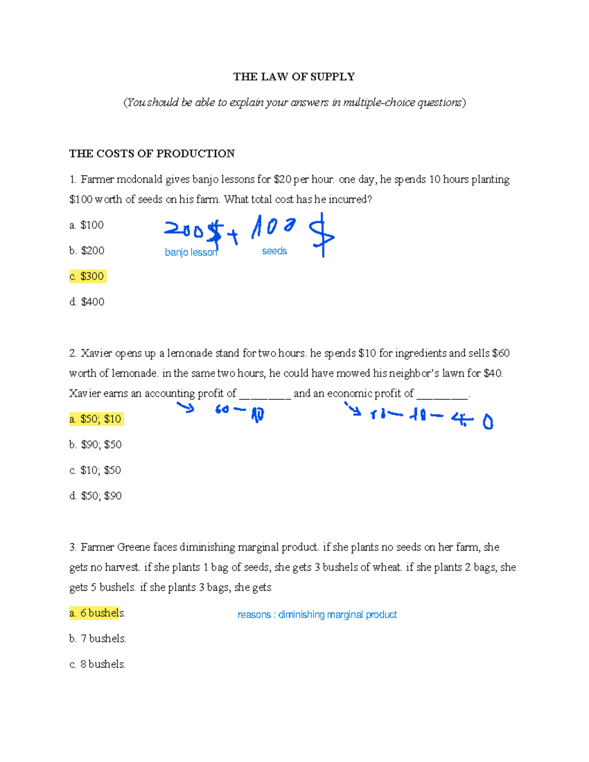 Supply Law and Production Costs: ECON 101 Final Exam Notes - Studocu