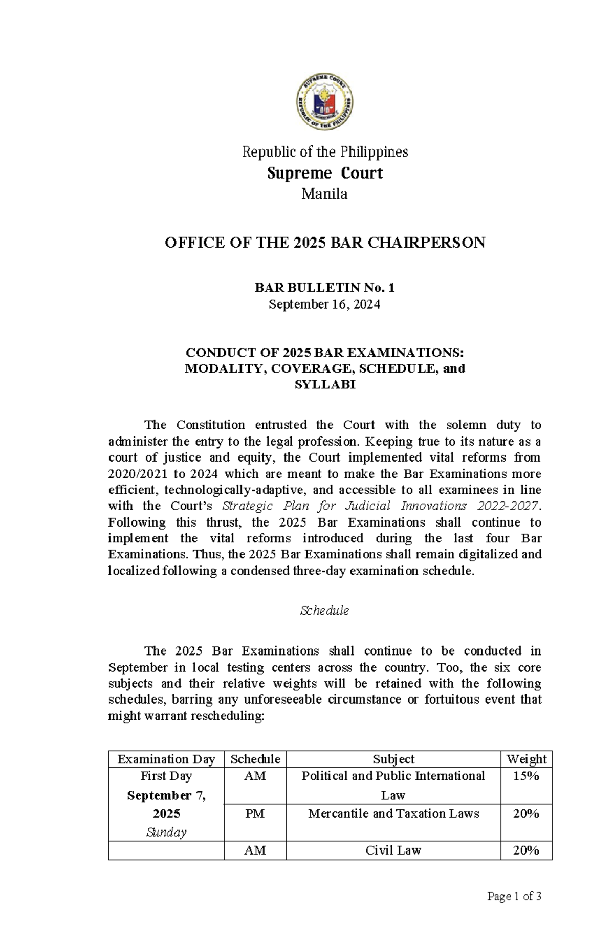2025 Bar Exam Bulletin: Modality, Schedule, and Syllabi - Studocu