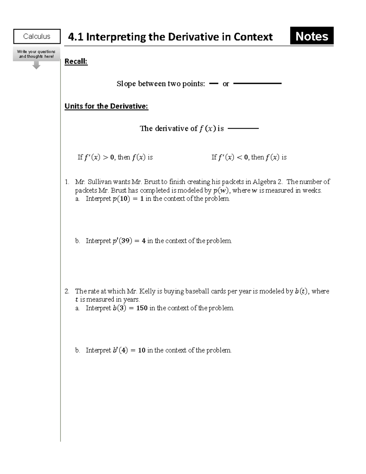 Calc 4.1 - Interpreting the Derivative in Context Notes - Studocu