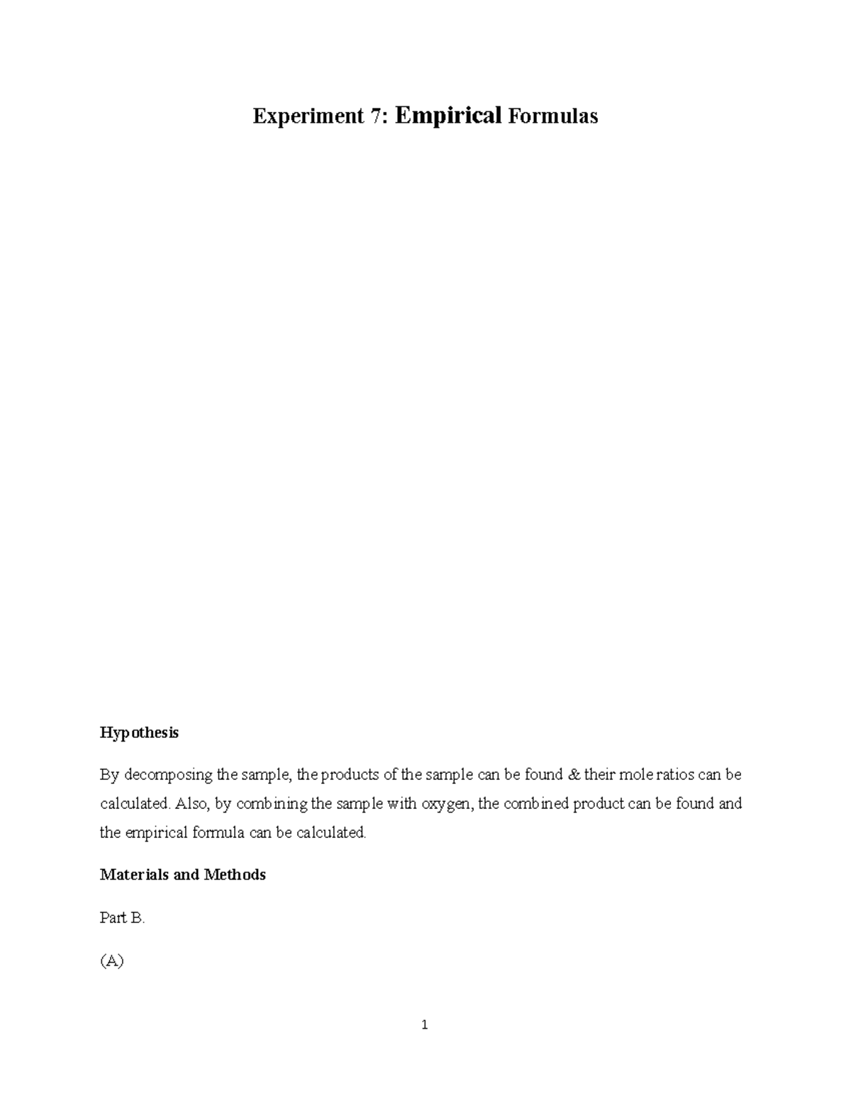 Chem Lab Experiment 7 - Experiment 7: Empirical Formulas Hypothesis By decomposing the sample ...