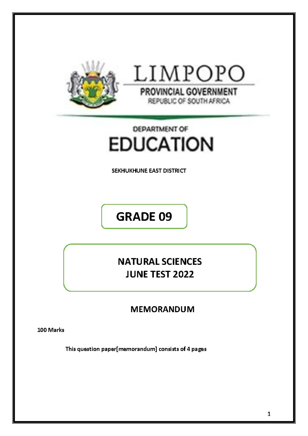 Grade 09 NS June Test 2022 Memorandum - Controlled Document - Studocu