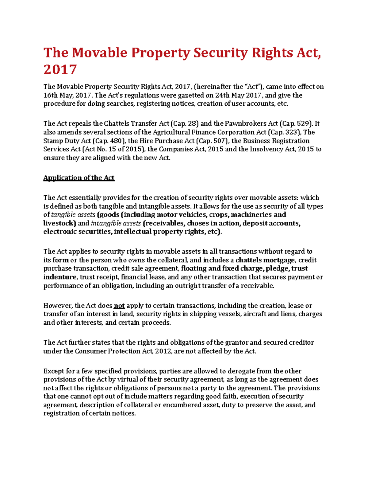 Movable Property Security Rights Act 2017: Key Insights & Notes - Studocu