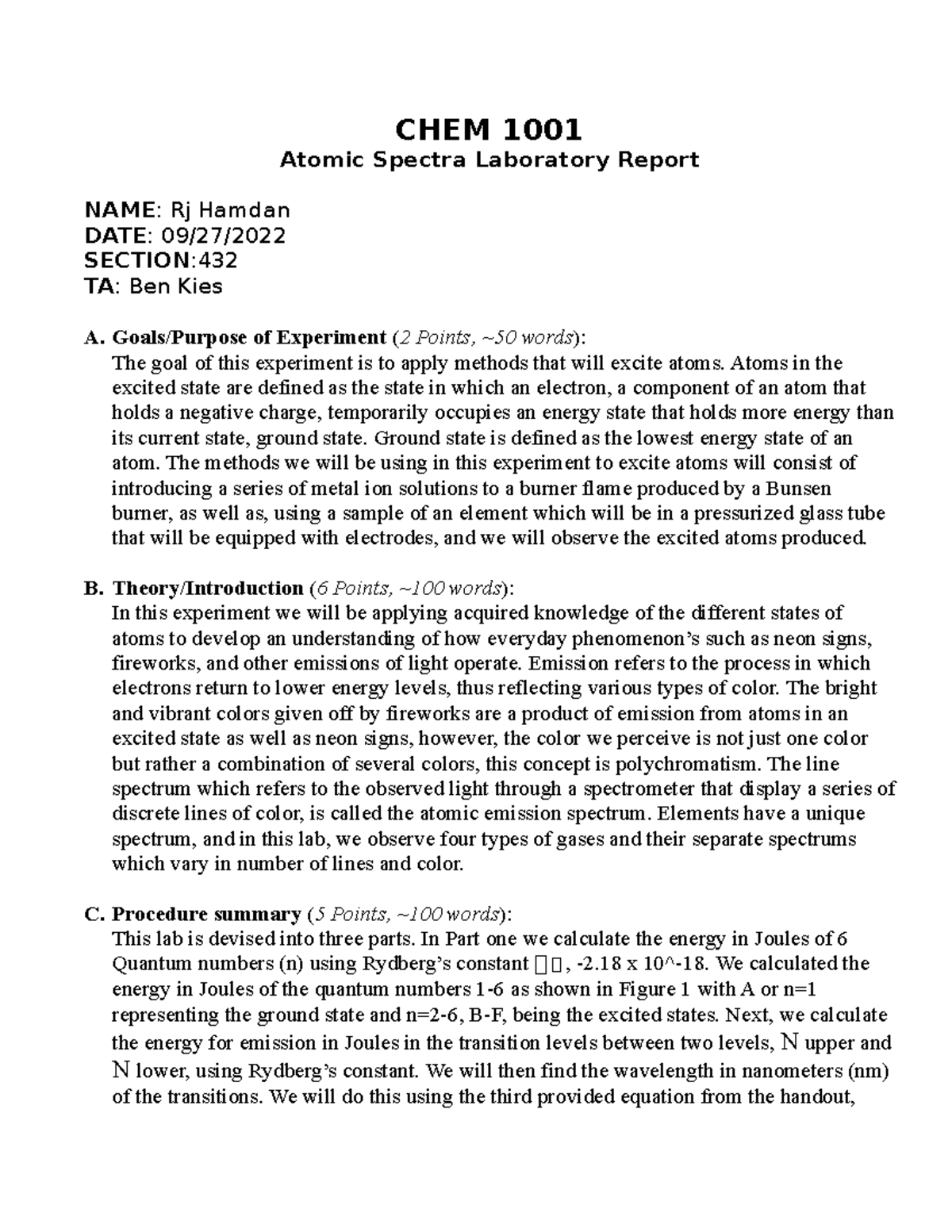 CHEM 1001 Atomic Spectra Lab Report: Methods, Results & Discussion ...