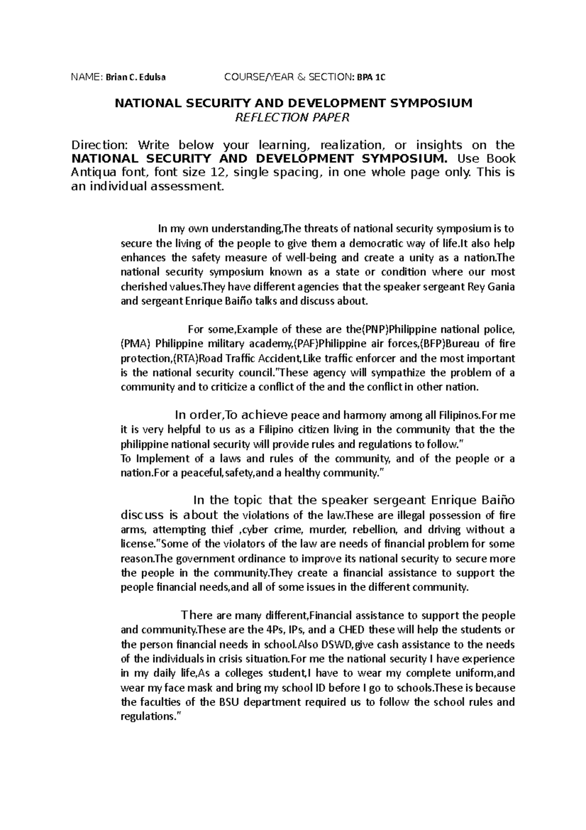 BPA 1C: Reflection Paper on National Security and Development Symposium ...