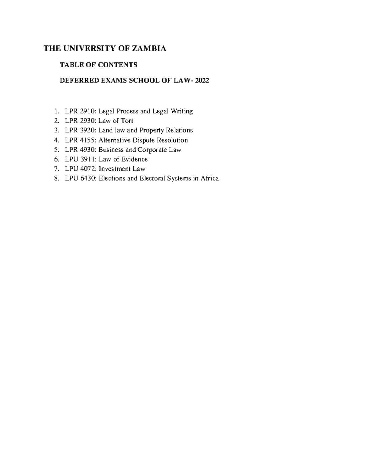 LAW Diferred 2022 - Past papers - Civil law - THE UNIVERSITY OF ZAMBIA ...
