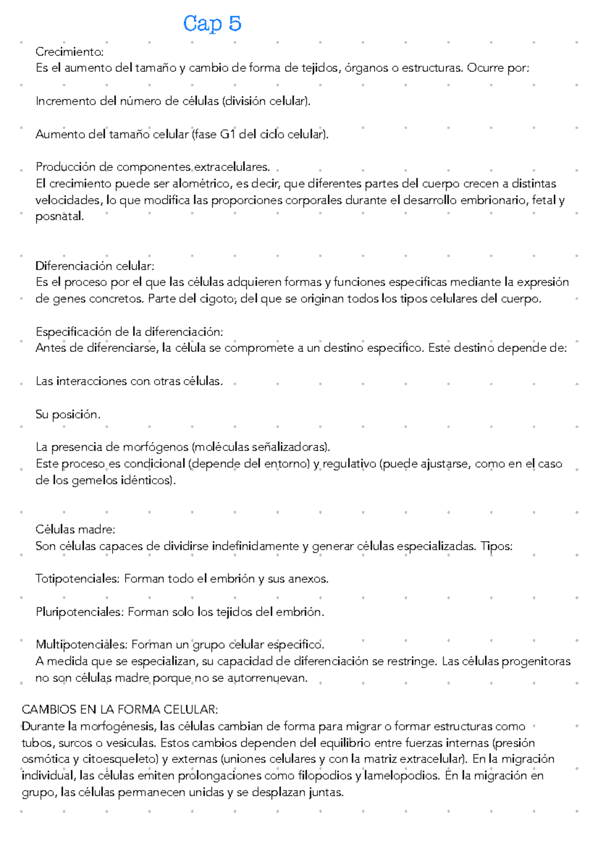 Cap 5 Embrio: Resumen de Crecimiento y Diferenciación Celular - Studocu