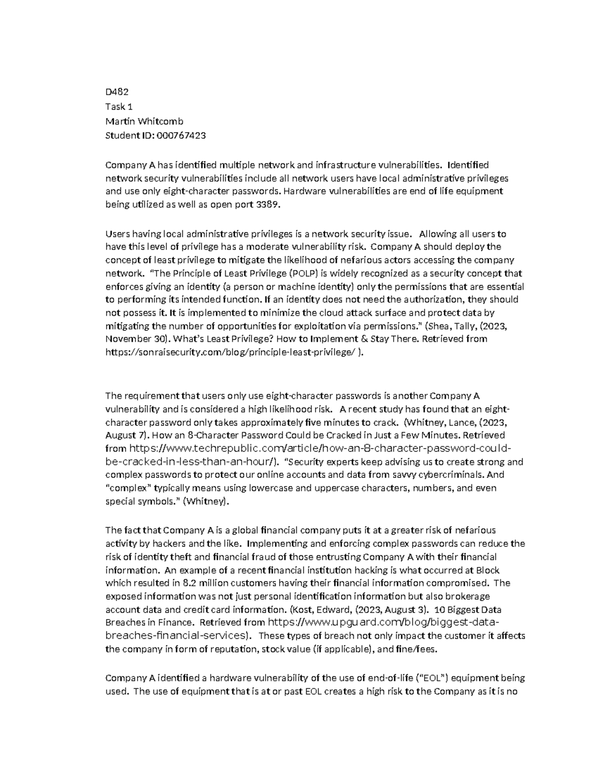 WGU D482 Network Security Assessment and Vulnerability Analysis Task 1 ...