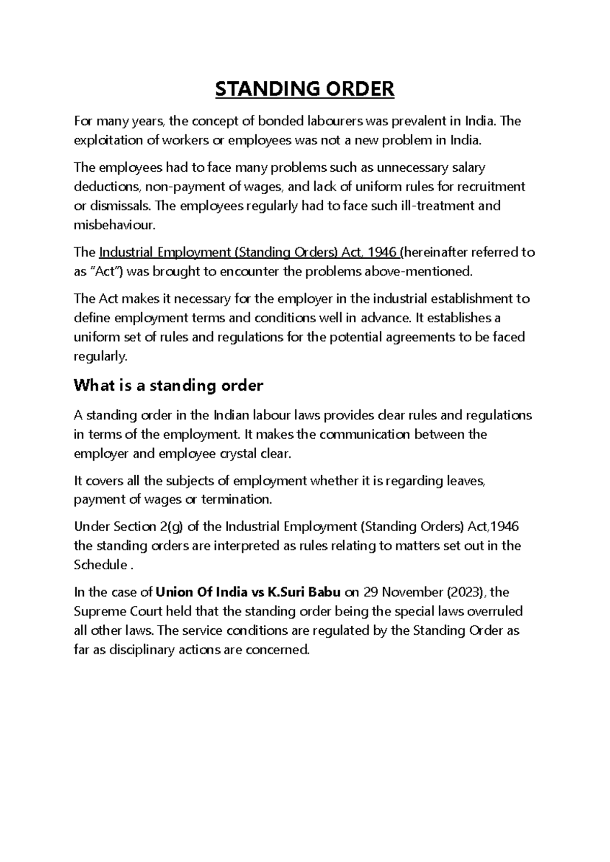 Industrial Employment (Standing Orders) Act, 1946: An Overview - Studocu