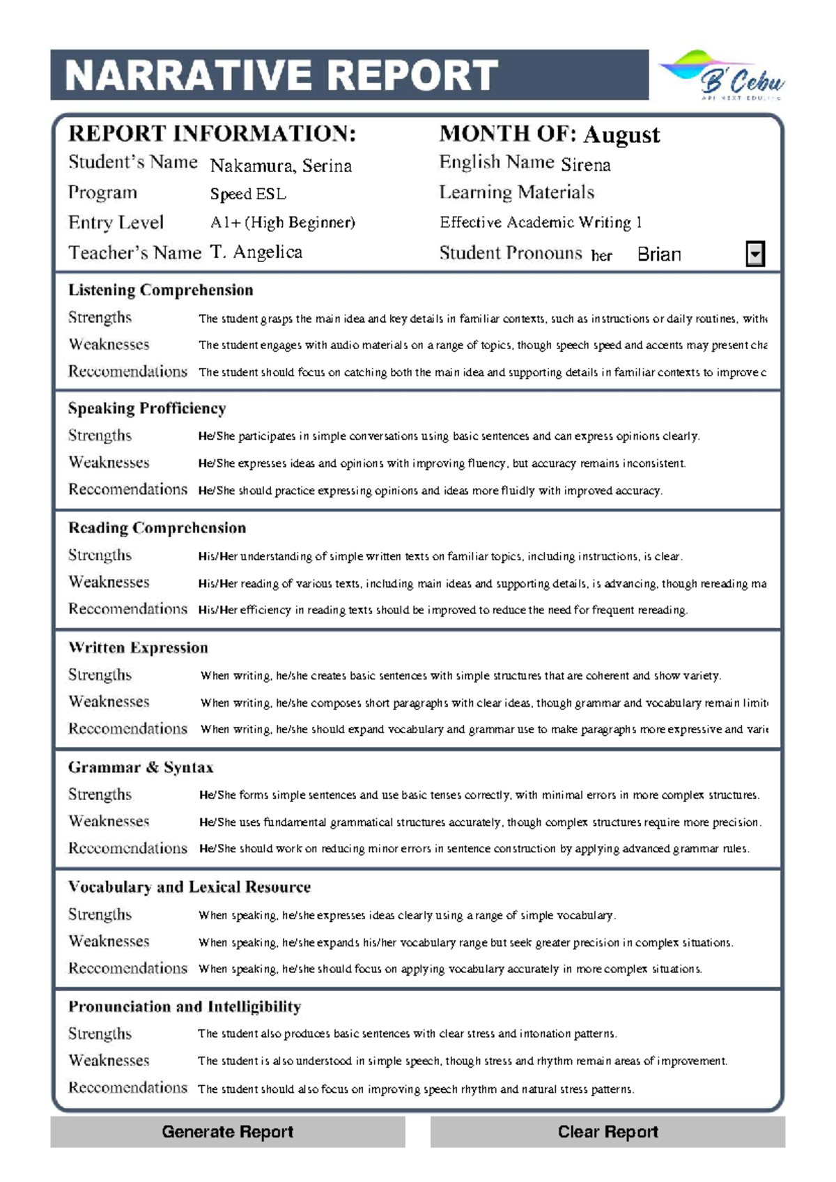 Effective Academic Writing 1 Report for ESL High Beginner (T. Angelica ...