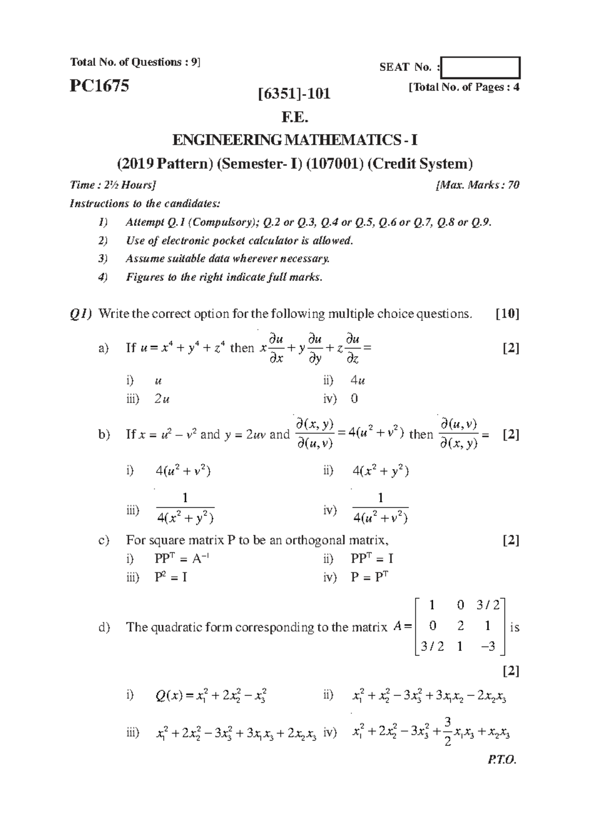 M1 (107001) Nov 2024 - F.E. Engineering Mathematics I Question Paper ...
