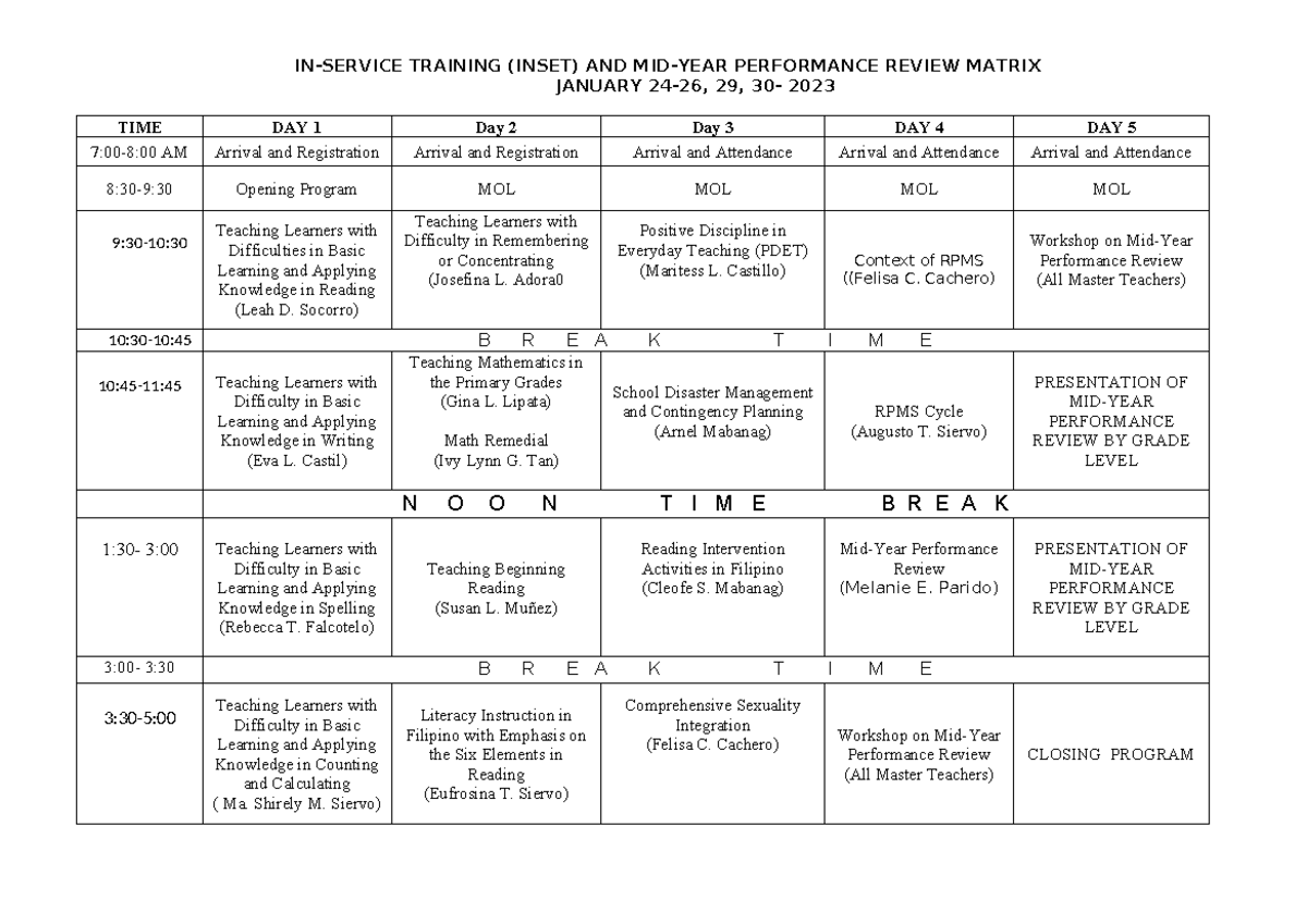 2024 Inset Training Matrix - IN-SERVICE TRAINING (INSET) AND MID-YEAR ...