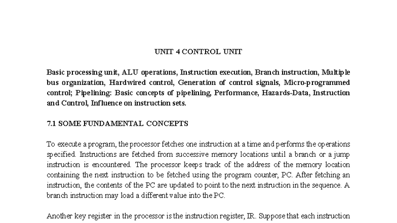 UNIT 4 CONTROL UNIT: ALU Operations, Instruction Execution & Pipelining - Studocu