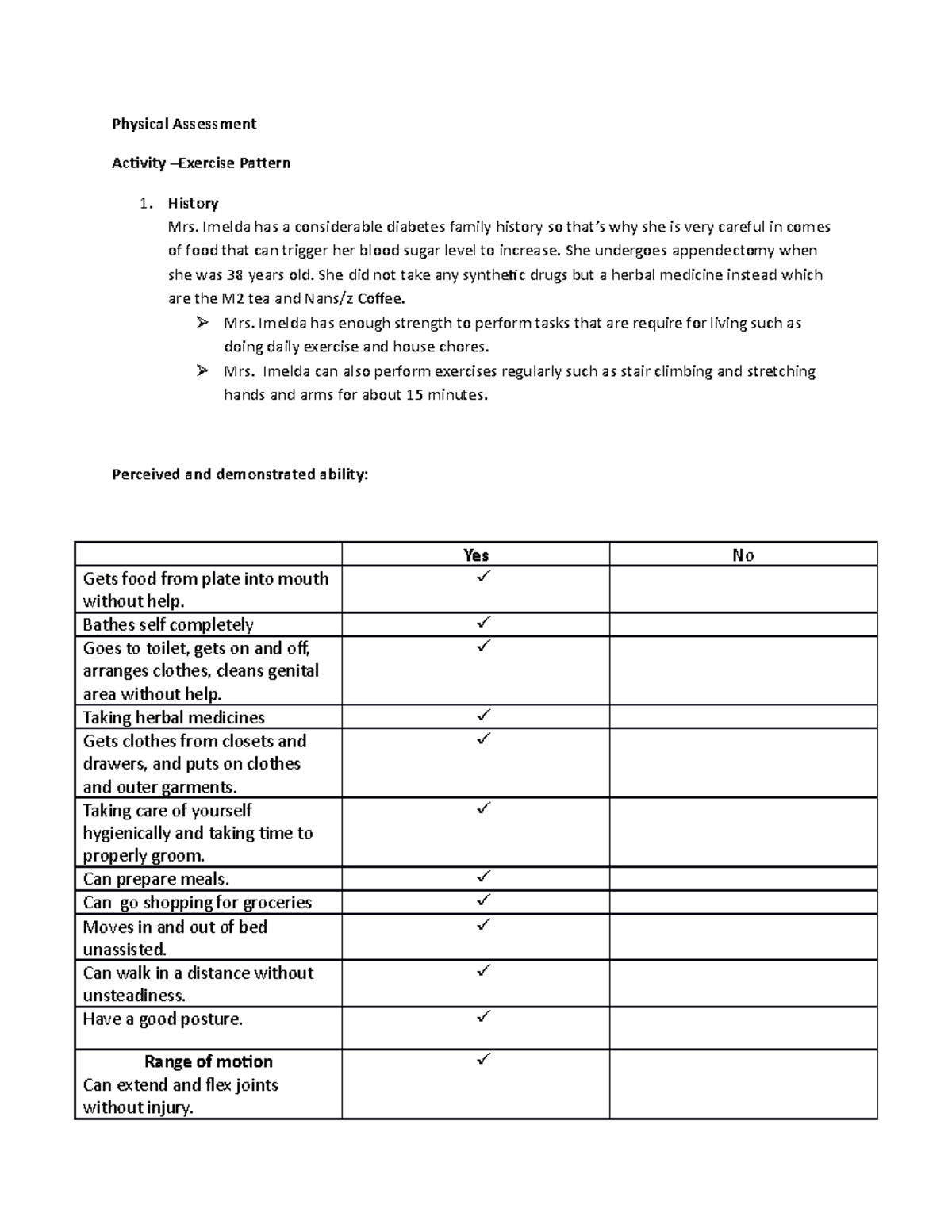 Activity- Exercise- Pattern - Physical Assessment Activity –Exercise ...
