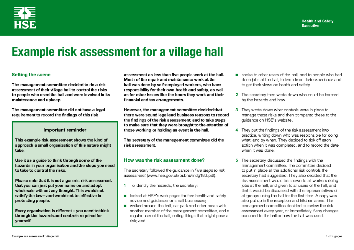 Village Hall Risk Assessment Example - Best Practices Guide - Studocu