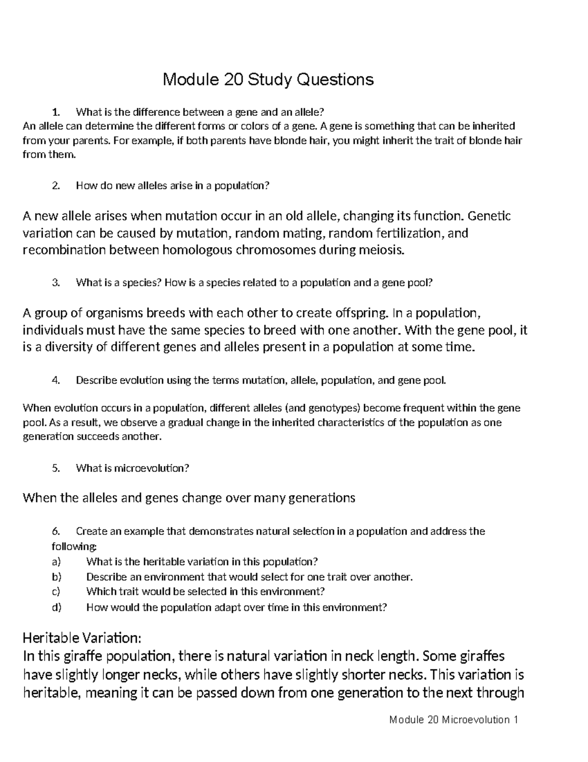 C190.v3 Module 20 Study Questions on Evolution & Genetics - Studocu