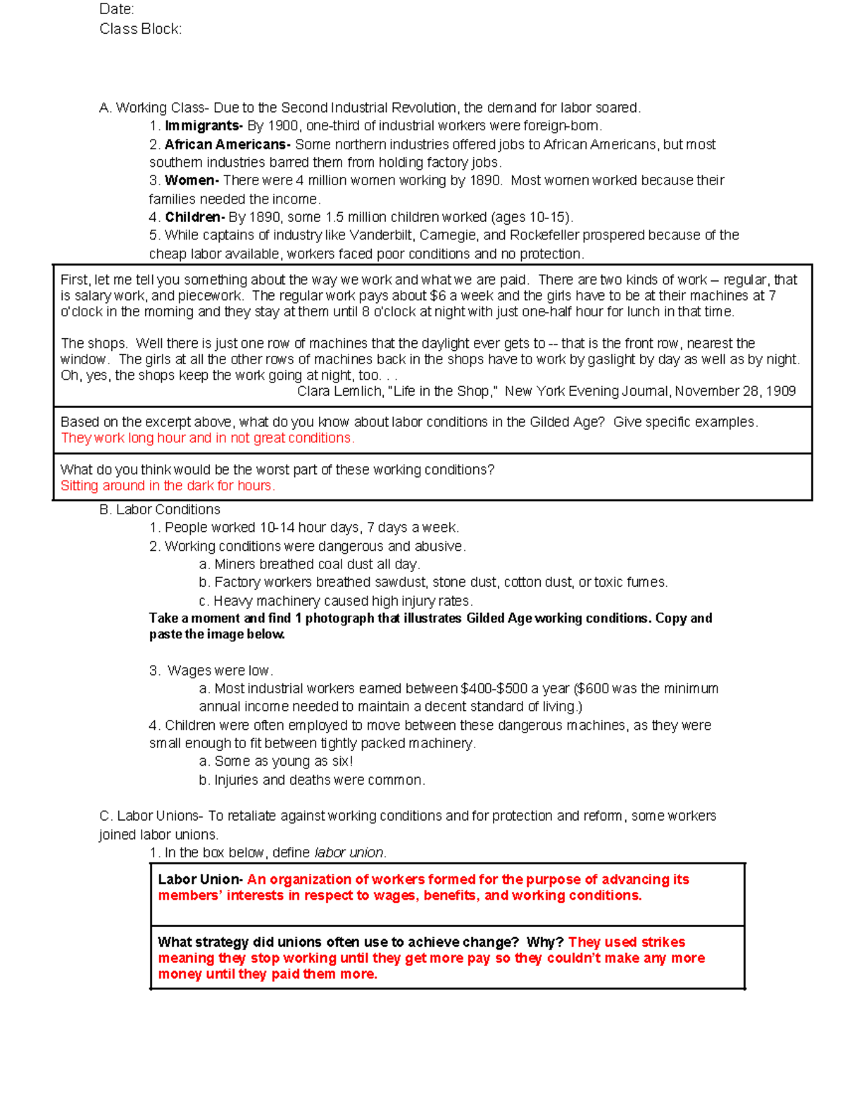 Notes #4 Organization of Labor - Date: Class Block: A. Working Class ...