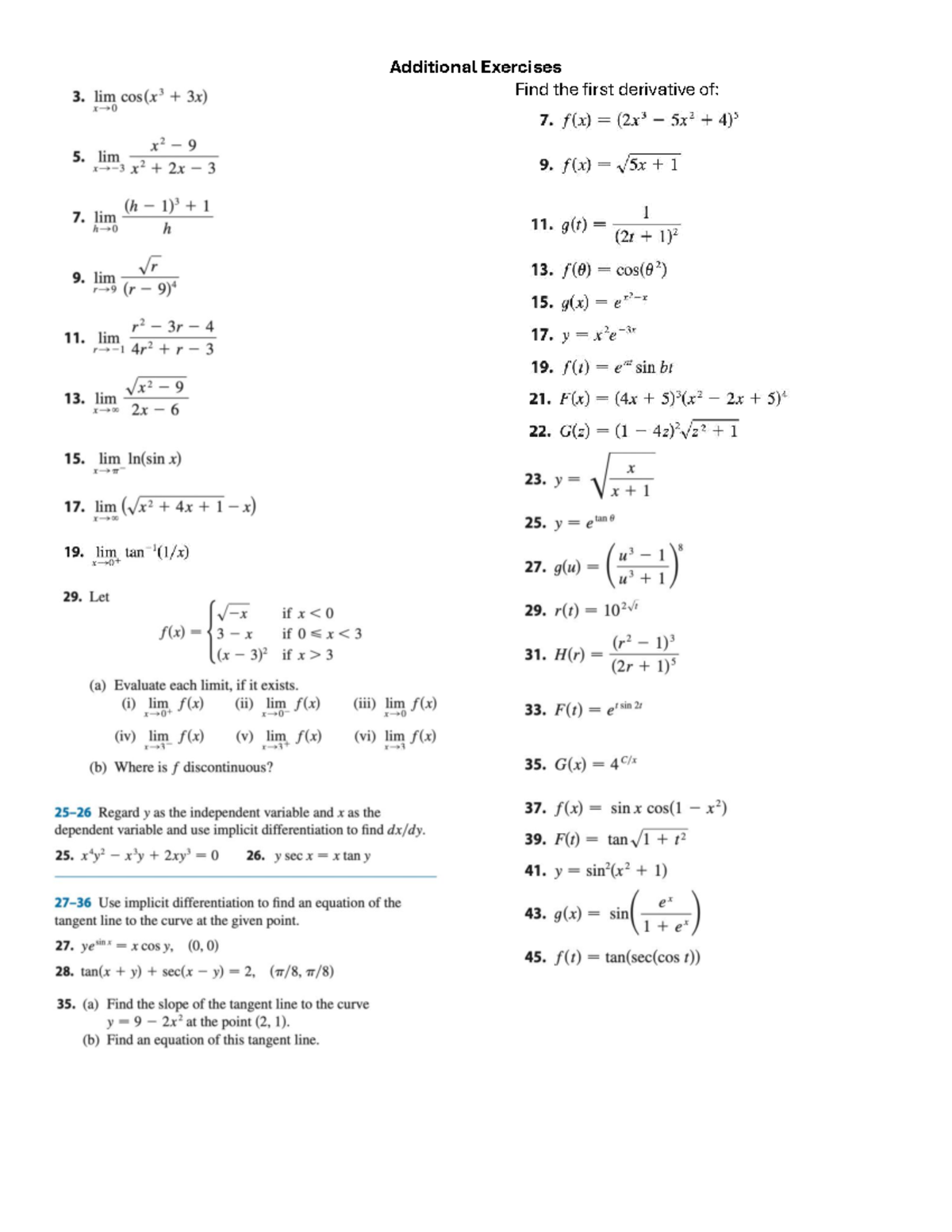 Calculus Additional Exercises: Limits and Derivatives - Studocu