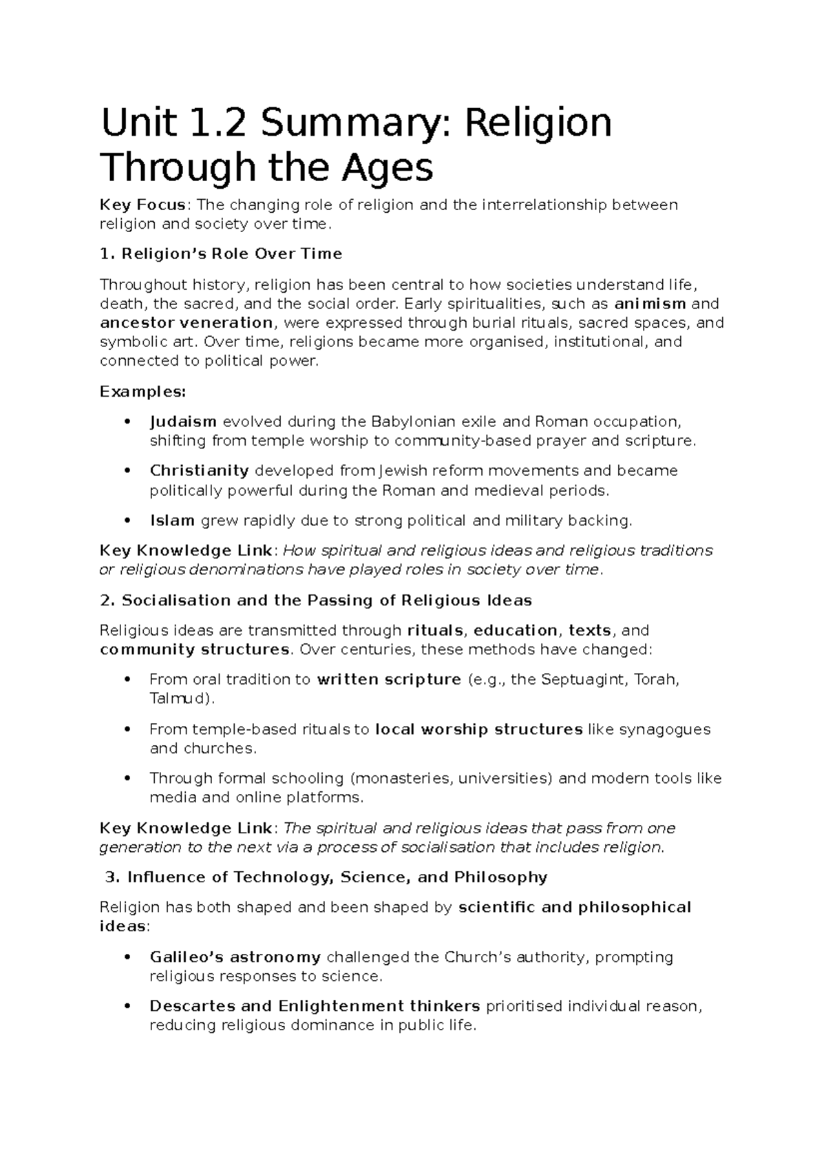 Unit 1.2 Summary: The Evolution of Religion and Society - Studocu