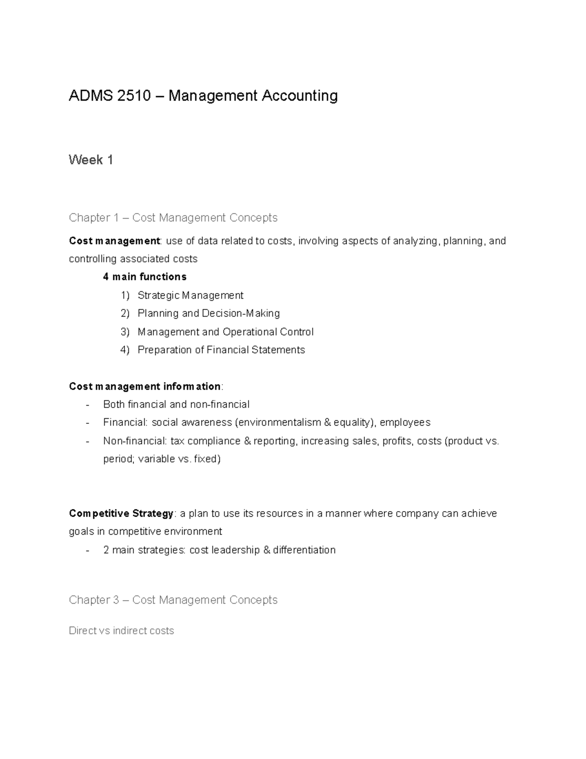 ADMS 2510 Management Accounting Lecture 1: Cost Management Concepts ...