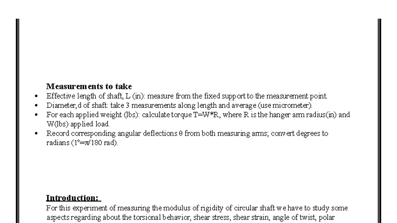 Measurements for Modulus of Rigidity in Circular Shafts (ENG 101) - Studocu