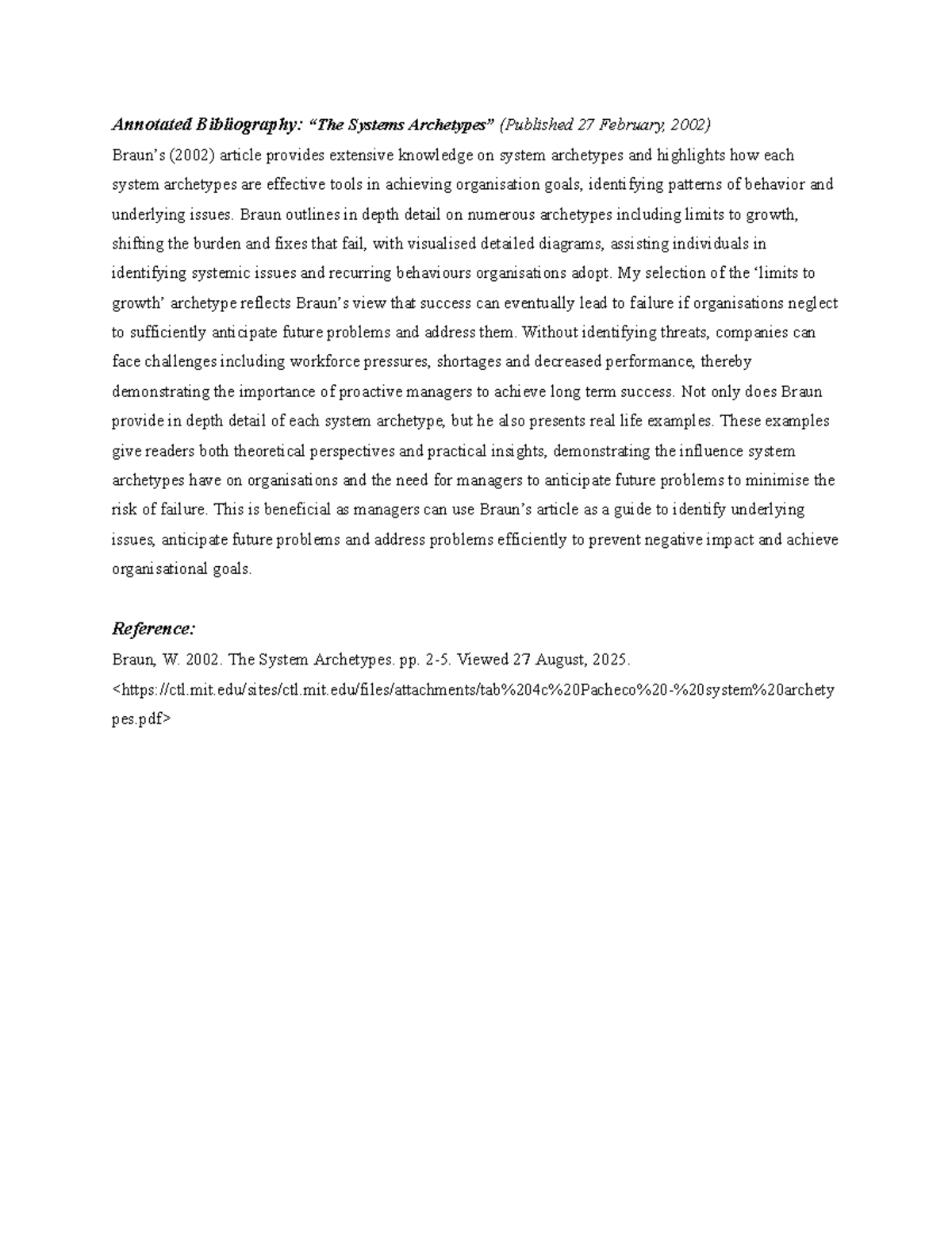 Annotated Bibliography: System Archetypes Analysis (2002) - Studocu