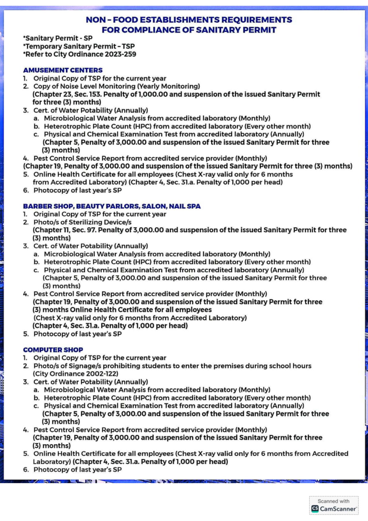 MHD-EHSD Sanitary Permit Renewal Requirements for Food Establishments ...