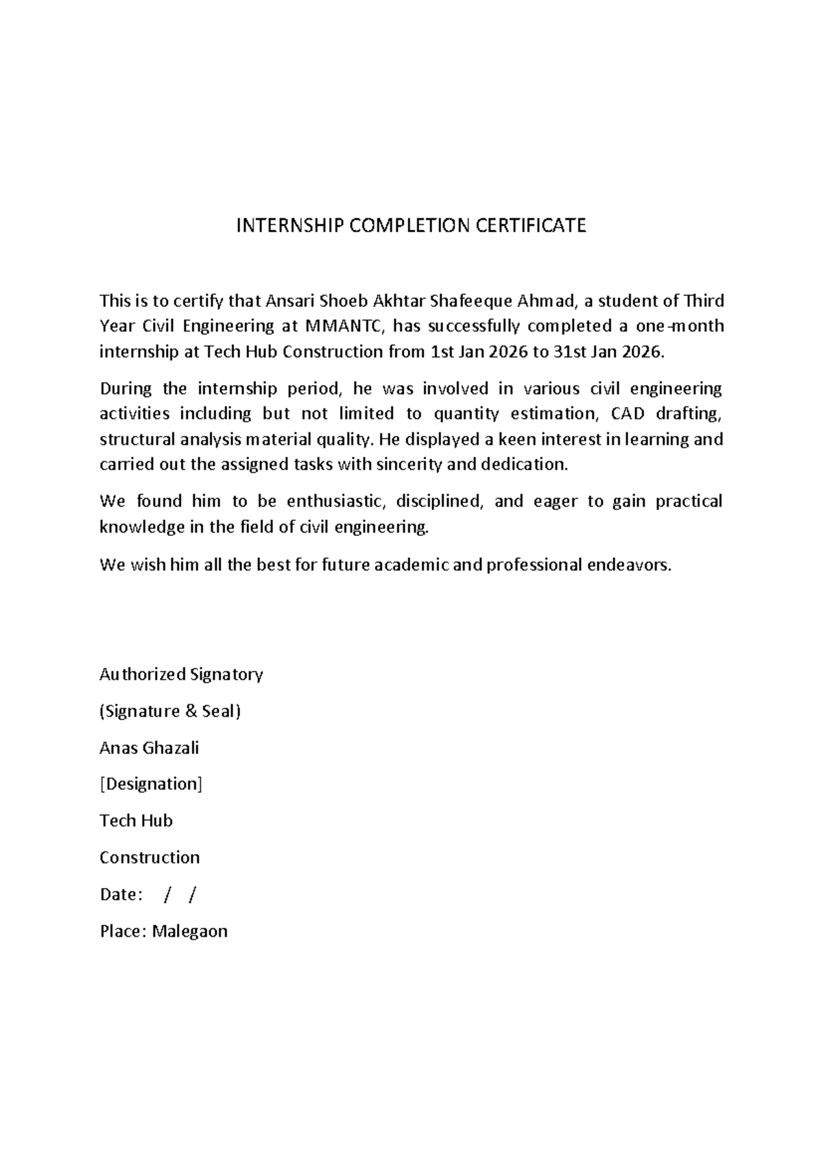 INTERNSHIP COMPLETION CERTIFICATE - CIVIL ENG. 3RD YEAR - Studocu