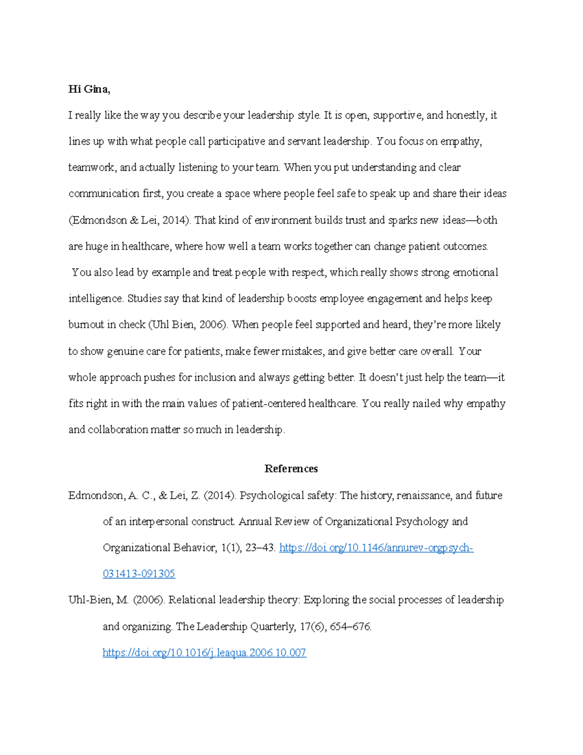 Reply to Gina Johnson on Leadership Styles in Healthcare - Studocu