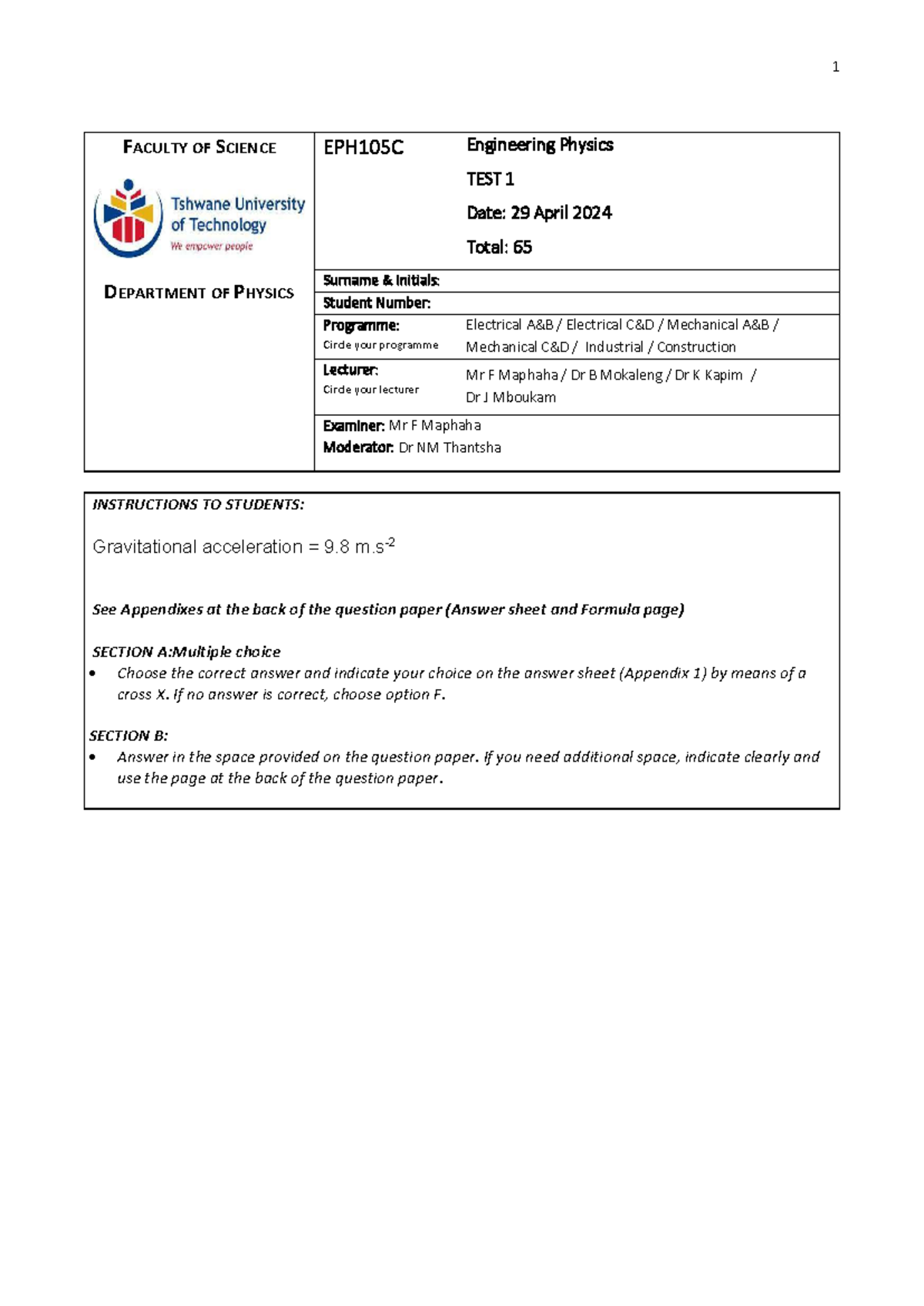 EPH105C Test 1 2024 Memo - Engineering Physics Past Papers - Studocu