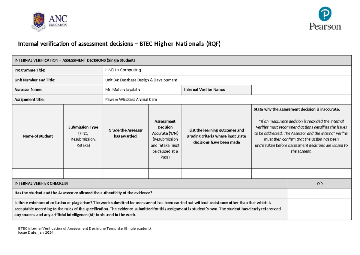 HND Computing Unit 04: Internal Verification of Assessment Decisions ...