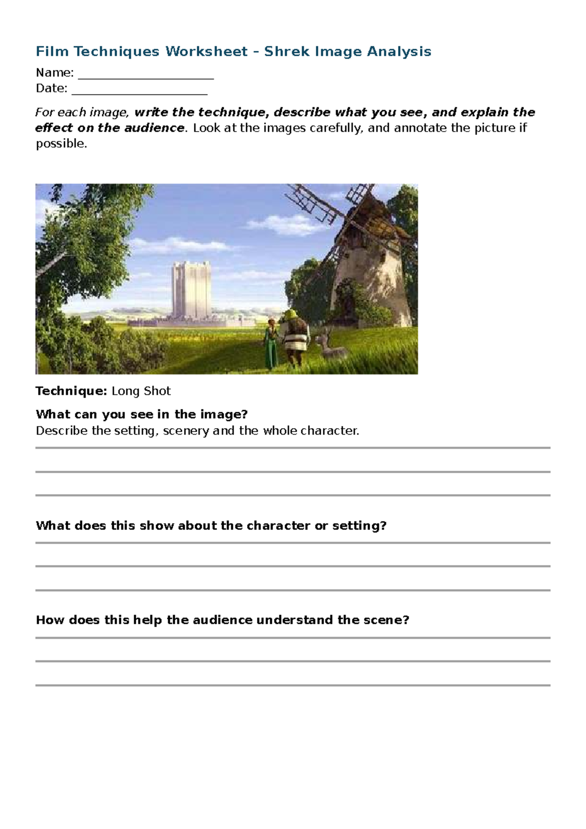 Film Techniques Worksheet: Shrek Image Analysis - Studocu