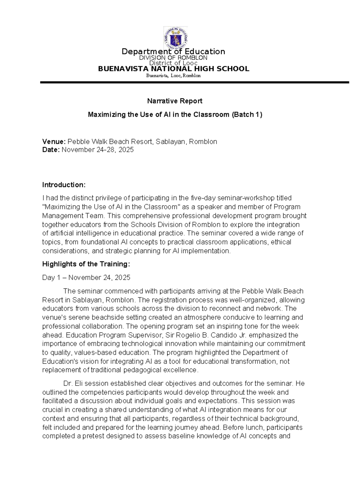 Narrative Report on AI Integration in Education (Batch 1) - Studocu