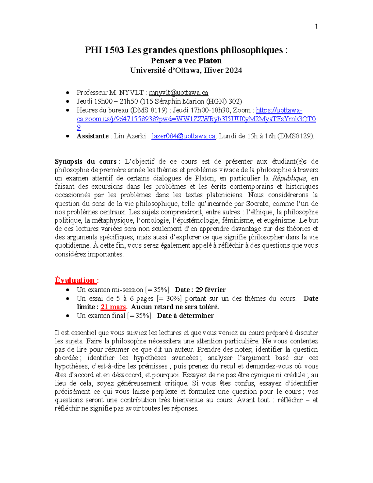 PHI 1503 - Plan de Cours : Les Questions Philosophiques avec Platon - Studocu