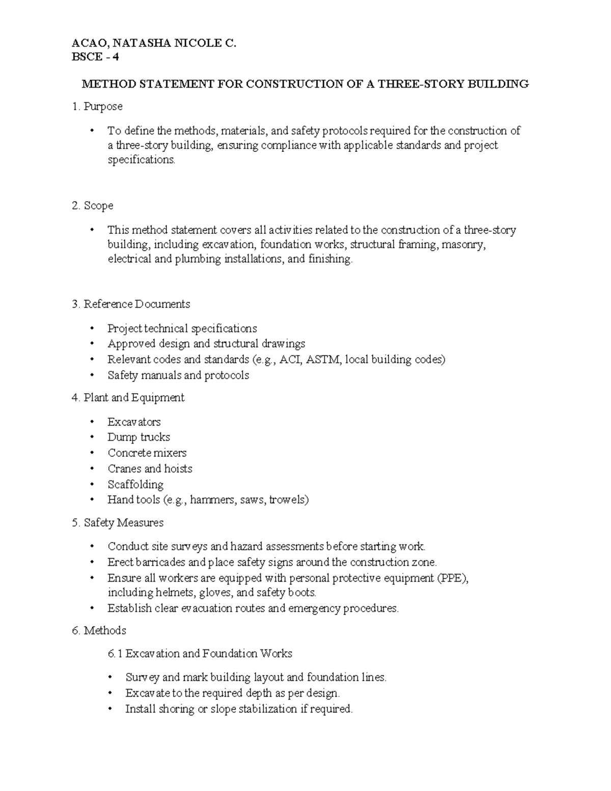 Method Statement for BSCE-4: 3-Story Building Construction - Studocu