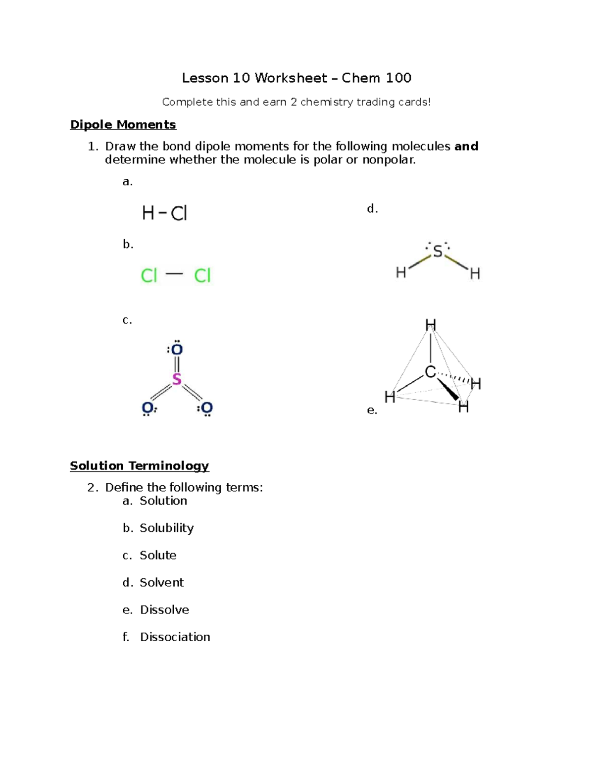 Chem 100 Lesson 10 Worksheet: Dipole Moments & Solutions - Studocu