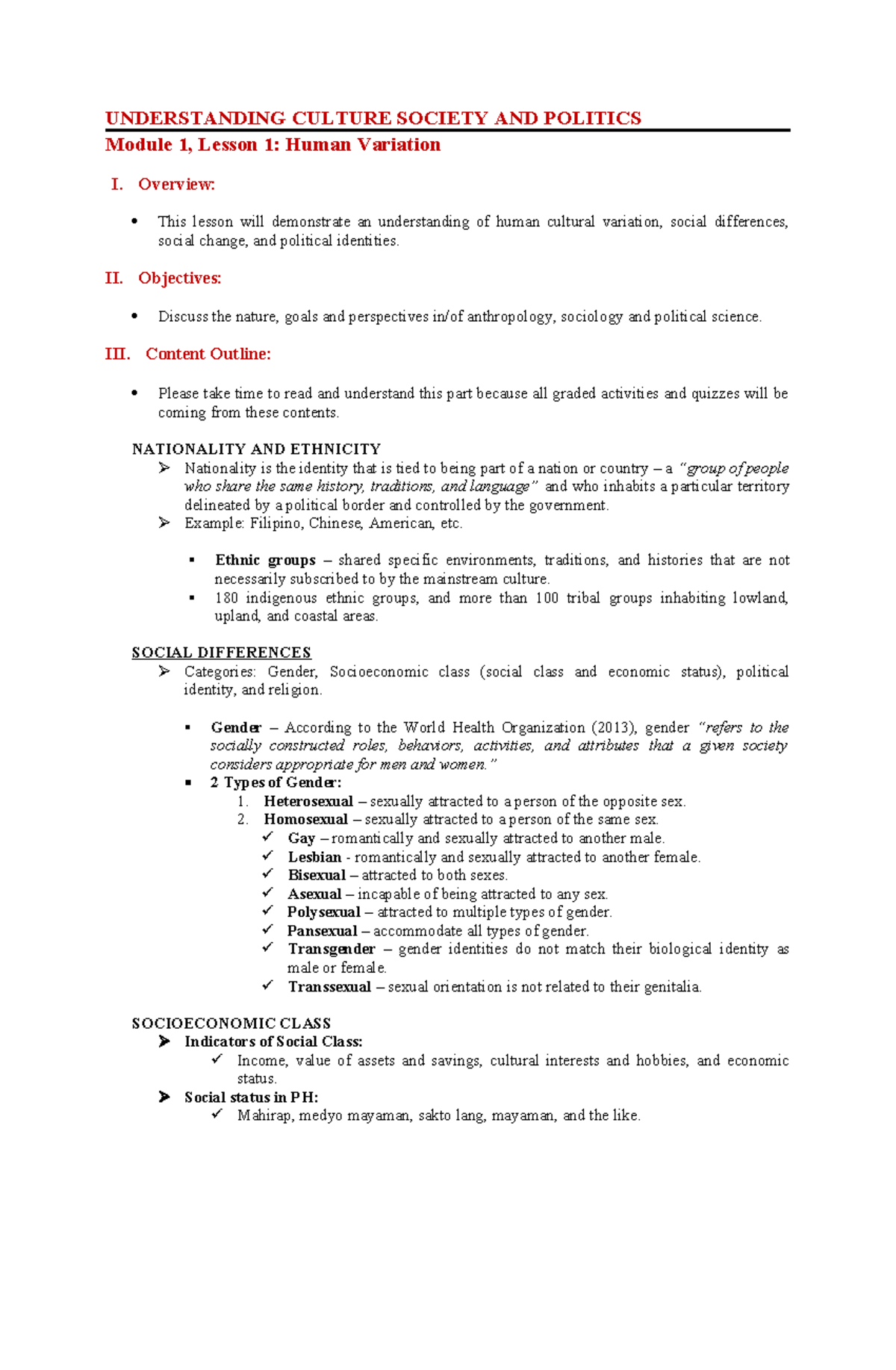CULTURE SOCIETY & POLITICS 101: Module 1 Lesson 1 - Human Variation ...