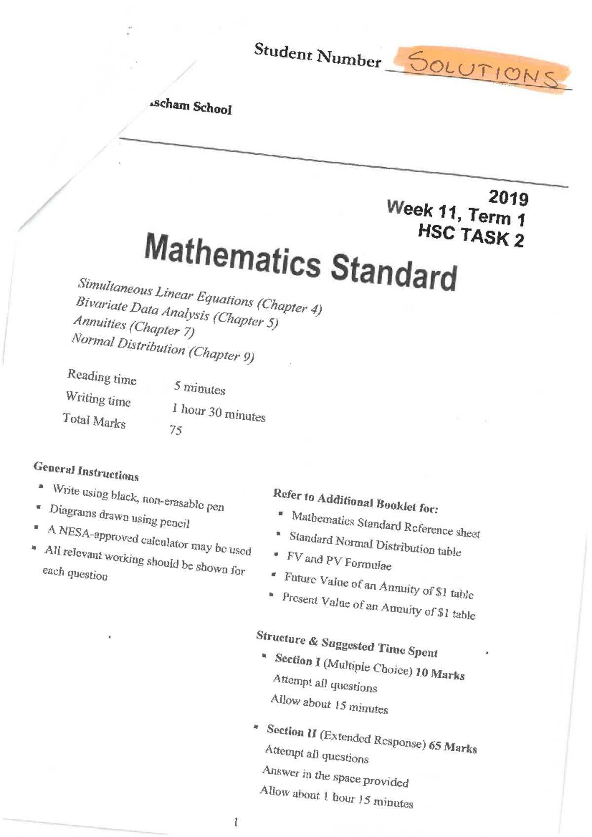 Mathematics Standard 2 Year 12 HSC Task 2 Solutions for Chapters 4, 5 ...