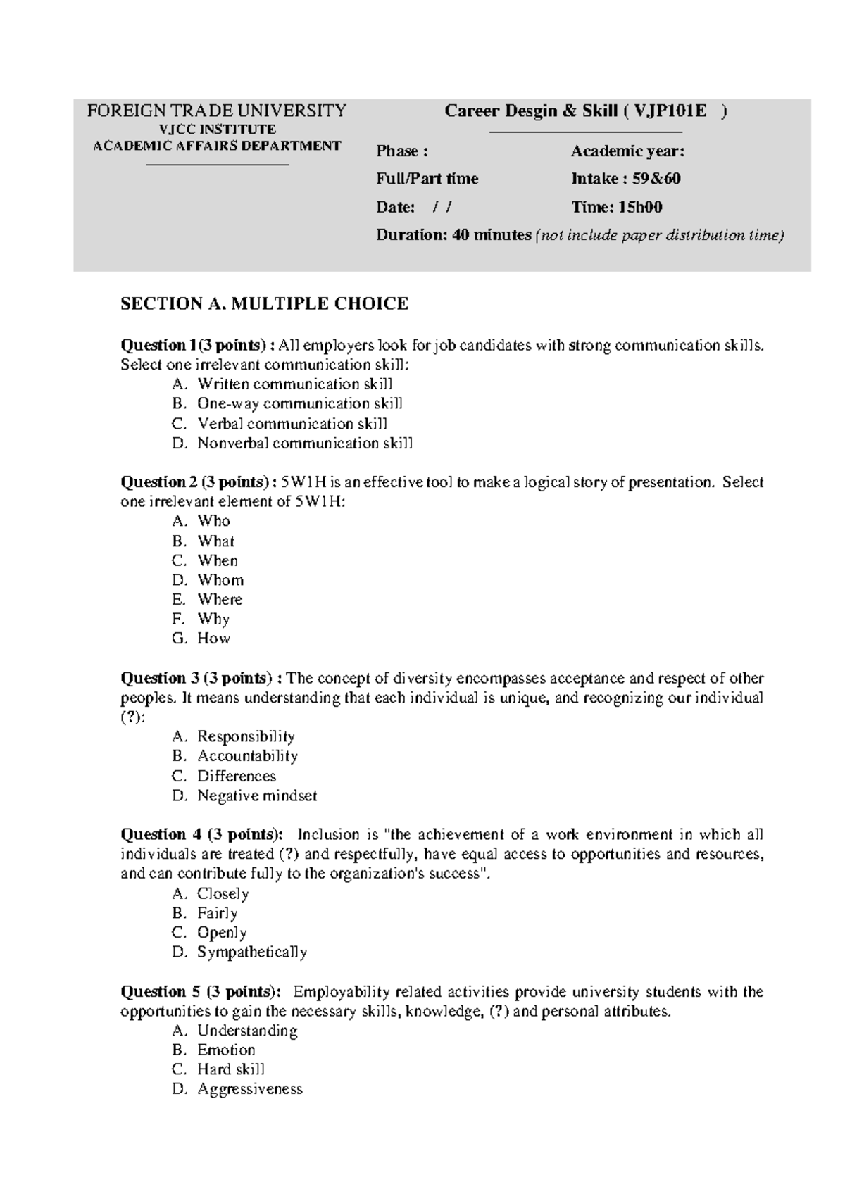 Midterm Exam: Career Design & Skill (VJP101E) Overview - Studocu