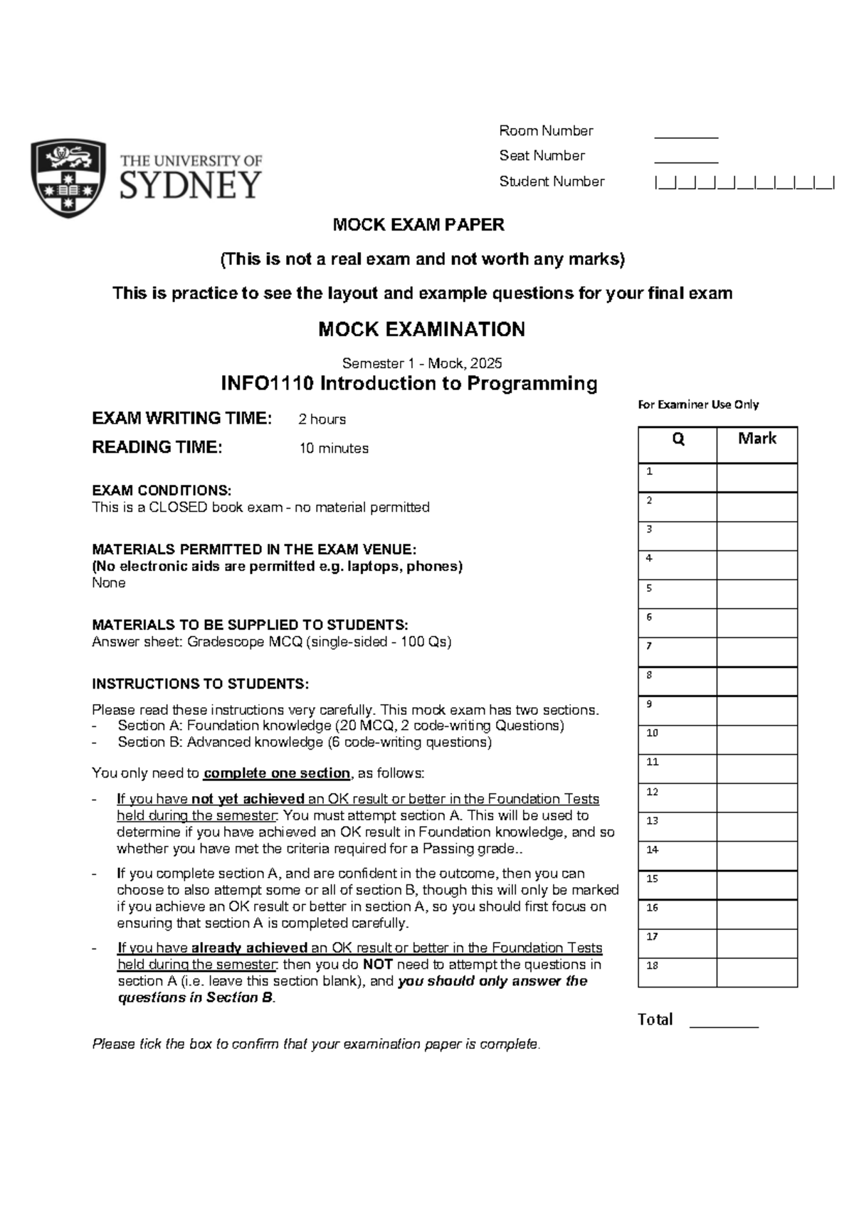 INFO1110 Mock Exam - Practice for Final Exam, Semester 1, 2025 - Studocu