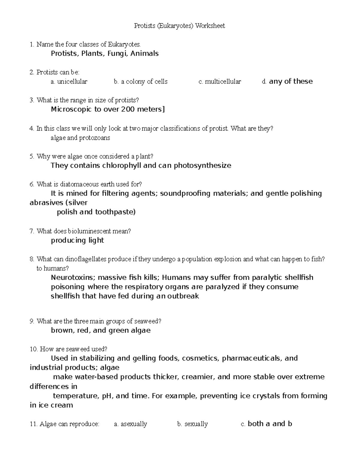 Protists worksheet answers-1-1 - Protists (Eukaryotes) Worksheet 1 ...
